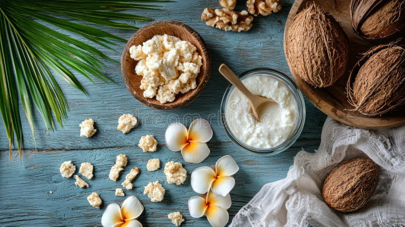 Rustic Display of Coconut and Dairy Products Stock Image - Image of ...