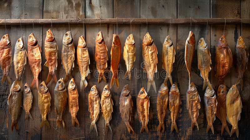 Rustic Display of Dried Fish Hanging in Rows for Preservation and ...