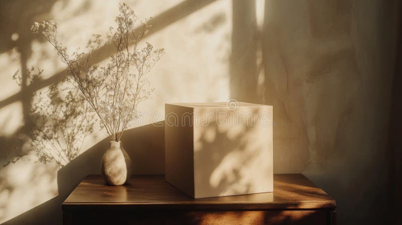 Rustic Display with Dried Flowers and Boxes Under Warm Sunlight Stock ...