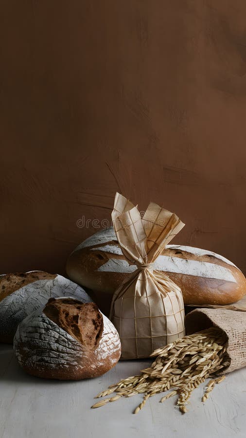 Rustic Display Features Artisanal Bread, Pack, and Grains, Exuding ...