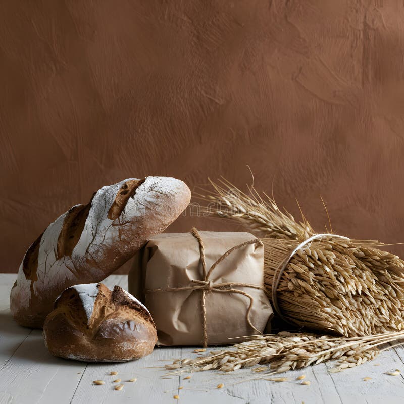 Rustic Display Features Artisanal Bread, Pack, and Grains, Exuding ...