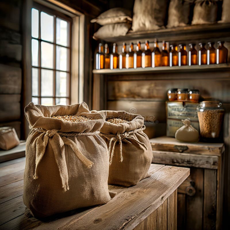 Rustic Display of Grains in Burlap Sacks on a Wooden Table Stock Image ...