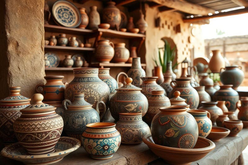 Rustic Display of Mexican Pottery Stock Illustration - Illustration of ...