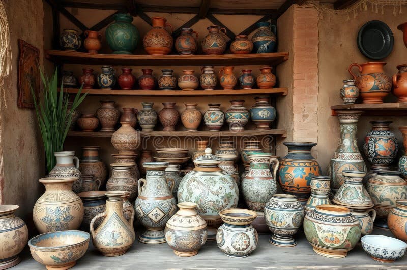 Rustic Display of Mexican Pottery Stock Illustration - Illustration of ...