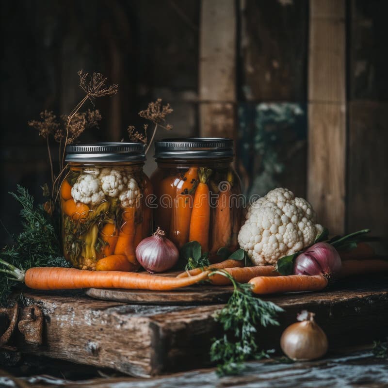 Rustic Display of Pickled Vegetables with Carrots, Cauliflower, and ...