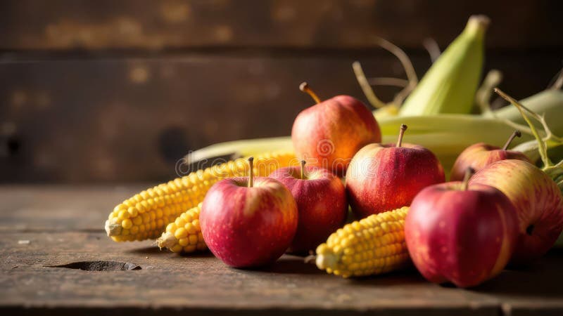 Rustic Display of Red Apples and Fresh Corn on Wooden Surface Stock ...