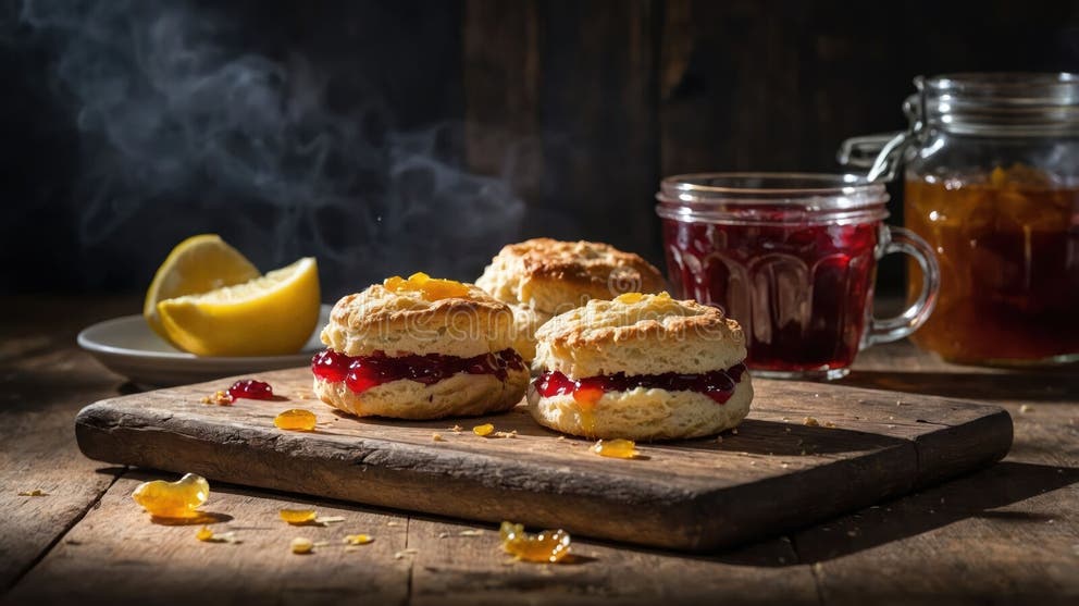 Delicious Homemade Scones with Raspberry Jam and Orange Marmalade on ...