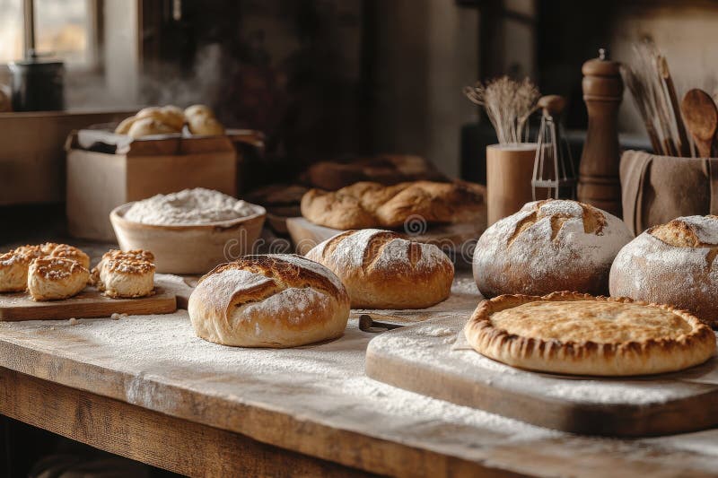 A Rustic Display of Various Artisanal Breads on a Wooden Table ...