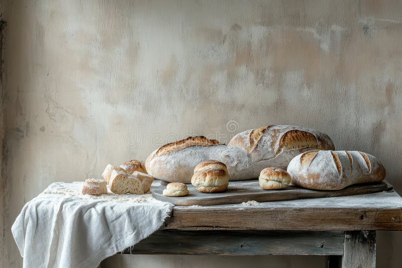 A Rustic Display of Various Breads on a Wooden Table with a Neutral ...