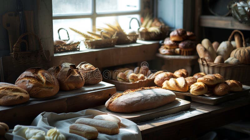 A Rustic Display of Various Freshly Baked Artisanal Bread in a Bakery ...