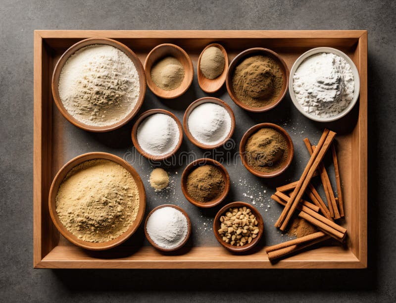 A Rustic Display of Various Spices and Baking Ingredients on a Wooden ...