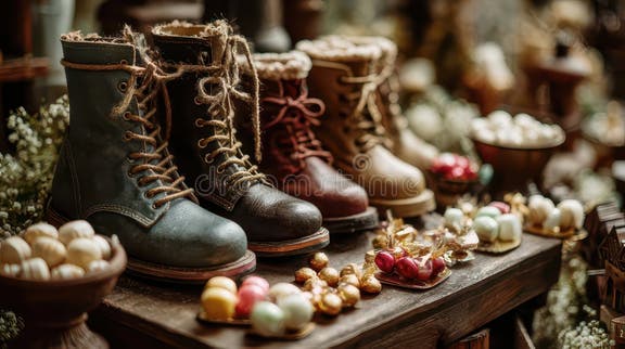 Rustic Display of Vintage Boots and Sweets Stock Photo - Image of ...