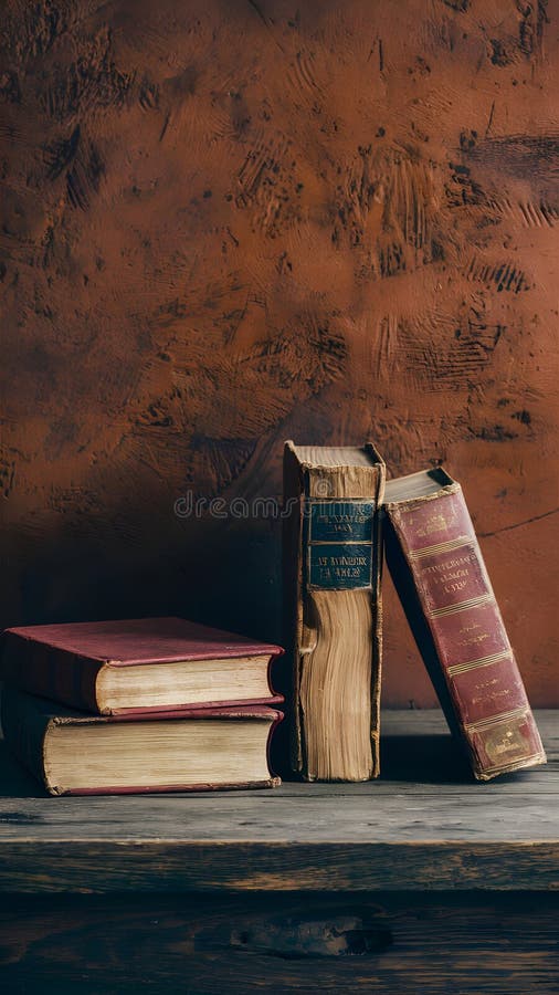 Rustic Display with Weathered Books, Wooden Table, and Warm Lighting ...