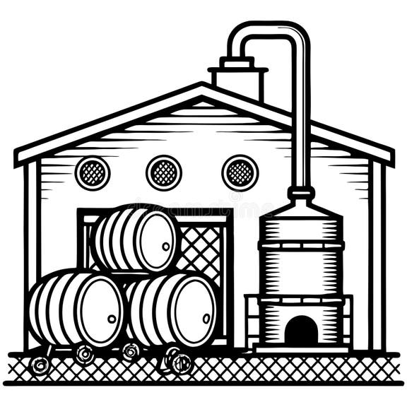 Rustic Distillery Building with Barrels and Copper Still for ...