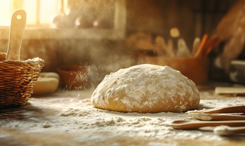 Rustic Dough for Bread on a Floured Countertop, Wooden Utensils Stock ...