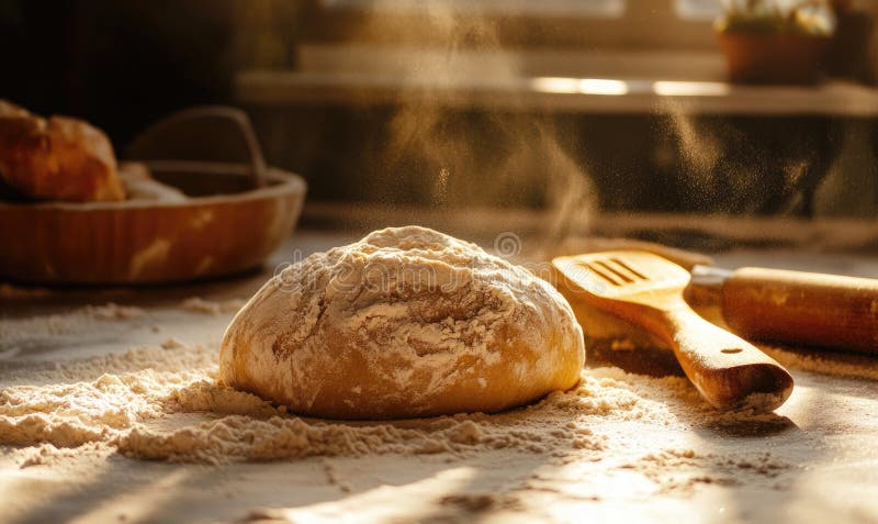 Rustic Dough for Bread on a Floured Countertop, Wooden Utensils Stock ...