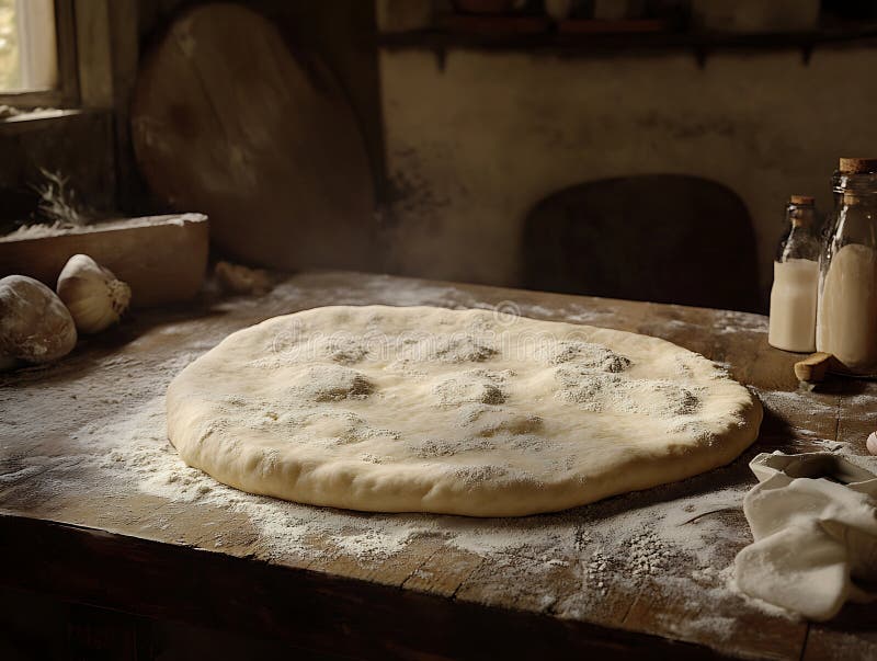 Rustic Dough Preparation on Floured Table in an Old-fashioned Kitchen ...