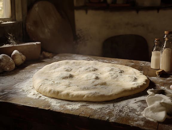 Rustic Dough Preparation on Floured Table in an Old-fashioned Kitchen ...