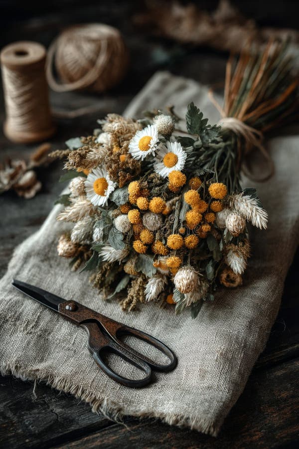 Rustic Dried Flower Bouquet with Scissors on Linen Stock Illustration - Illustration of fabric ...