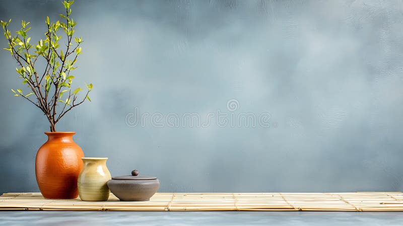 Rustic Earthenware Still Life with Spring Branches on Wooden Surface ...
