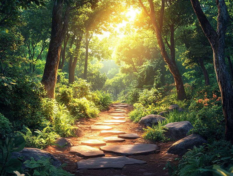 A Rustic, Earthy Forest Trail at Dawn or Dusk, Lined with Stones and ...