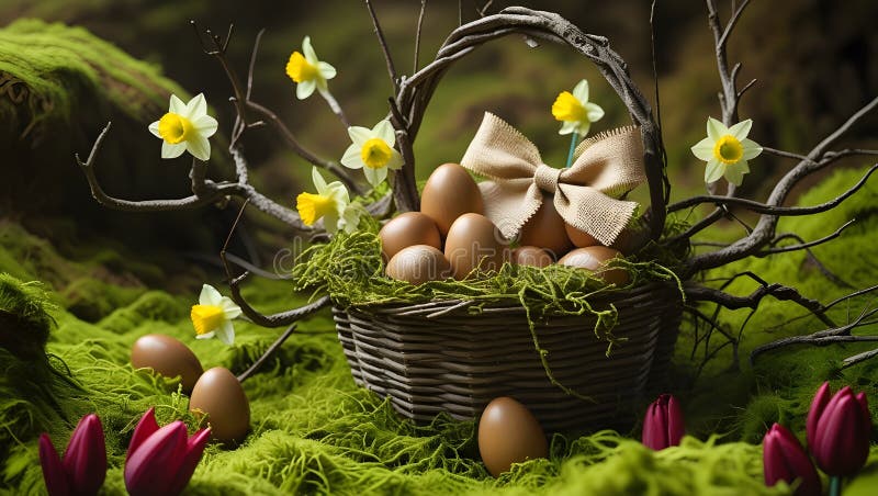 Rustic Easter Basket stock illustration. Illustration of tulips - 370990573