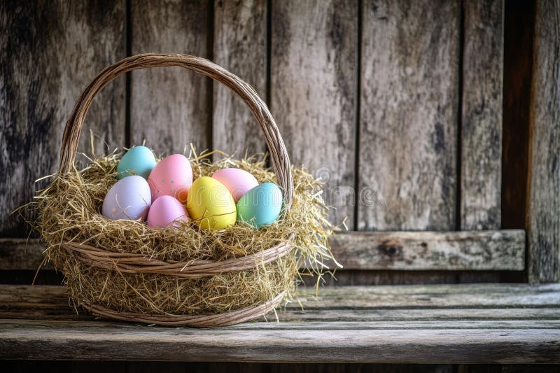 A Rustic Easter Basket Filled with Hay and Adorned with Pastel-colored ...