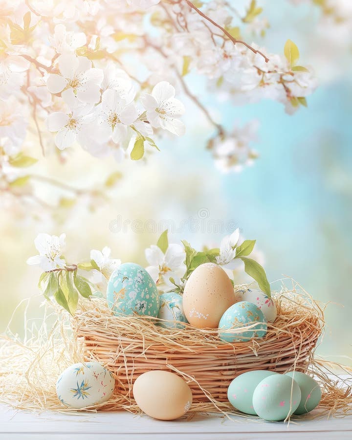 Rustic Easter Basket Filled with Painted Eggs and Fresh Spring Blossoms ...