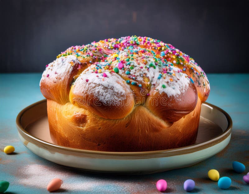 A Rustic Easter Bread Loaf Covered with Powdered Sugar and Colorful ...