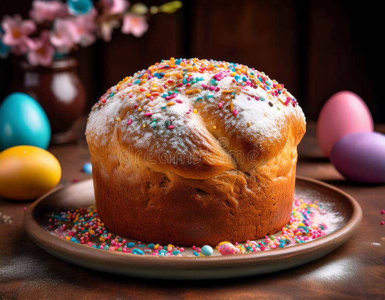 A Rustic Easter Bread Loaf Covered with Powdered Sugar and Colorful ...
