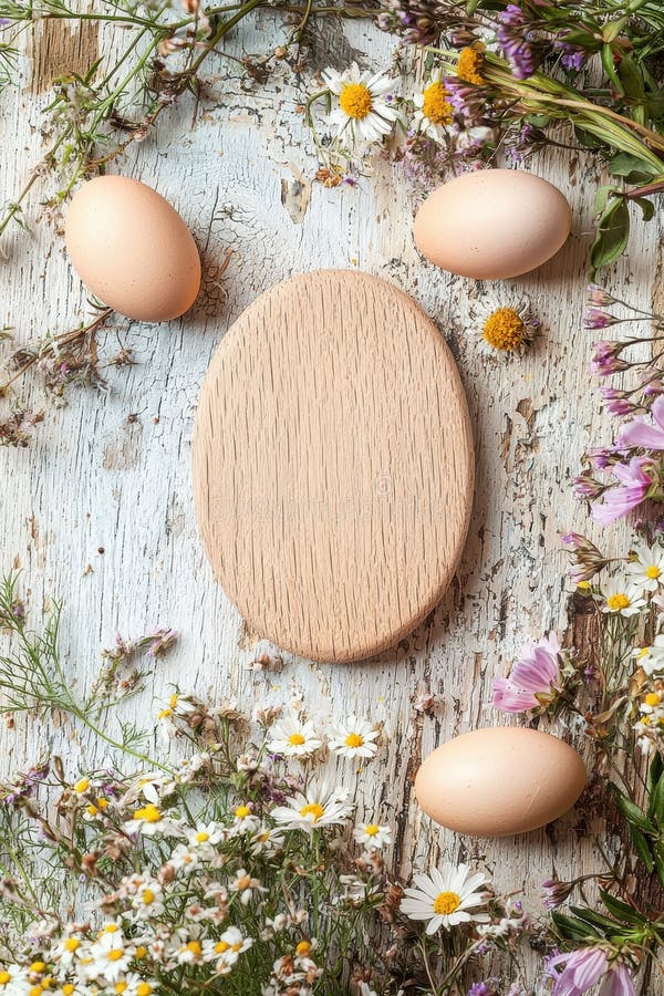 Rustic Easter Card Design with Pastel Eggs and Wildflowers on Wooden ...