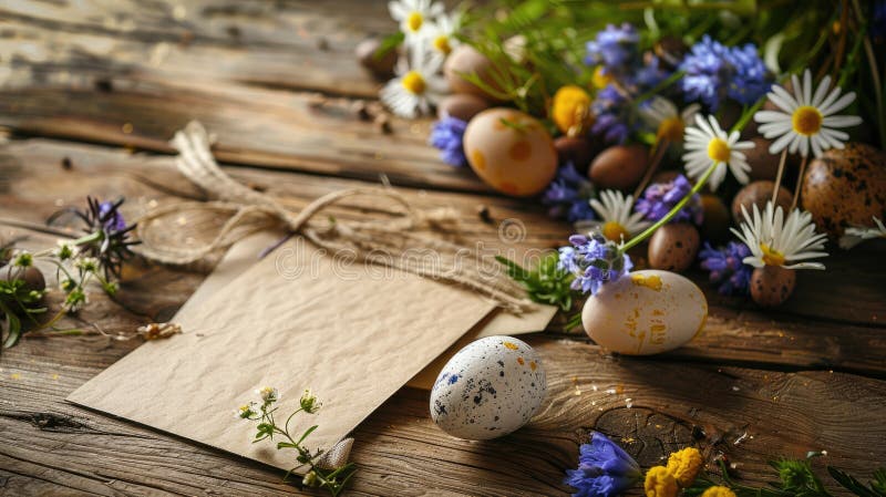 Rustic Easter Card with Painted Eggs and Spring Flowers. Stock Photo ...