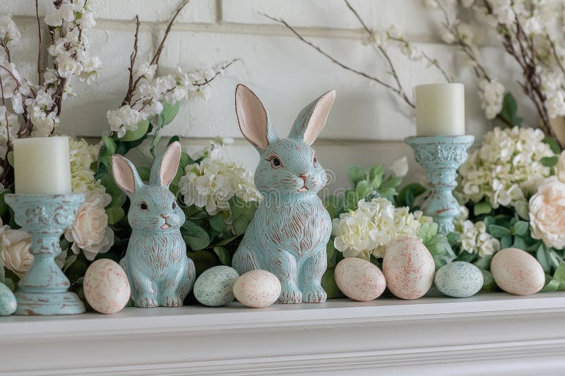 Easter Decor with Ceramic Bunny, Pastel Colored Eggs, Lit Candles and ...