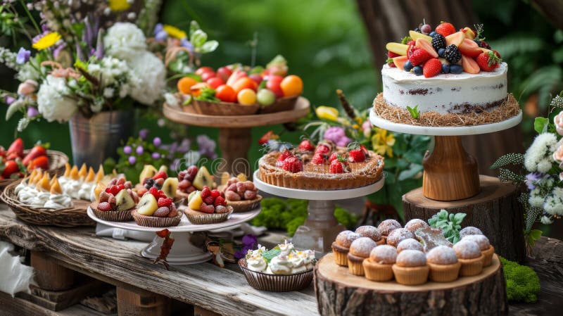 Rustic Easter Dessert Table with Carrot Cake and Fruit Tarts Stock ...