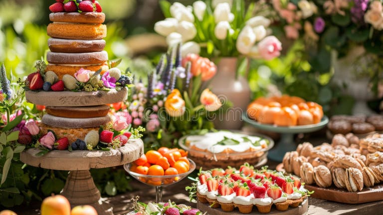 Rustic Easter Dessert Table with Carrot Cake and Fruit Tarts Stock ...