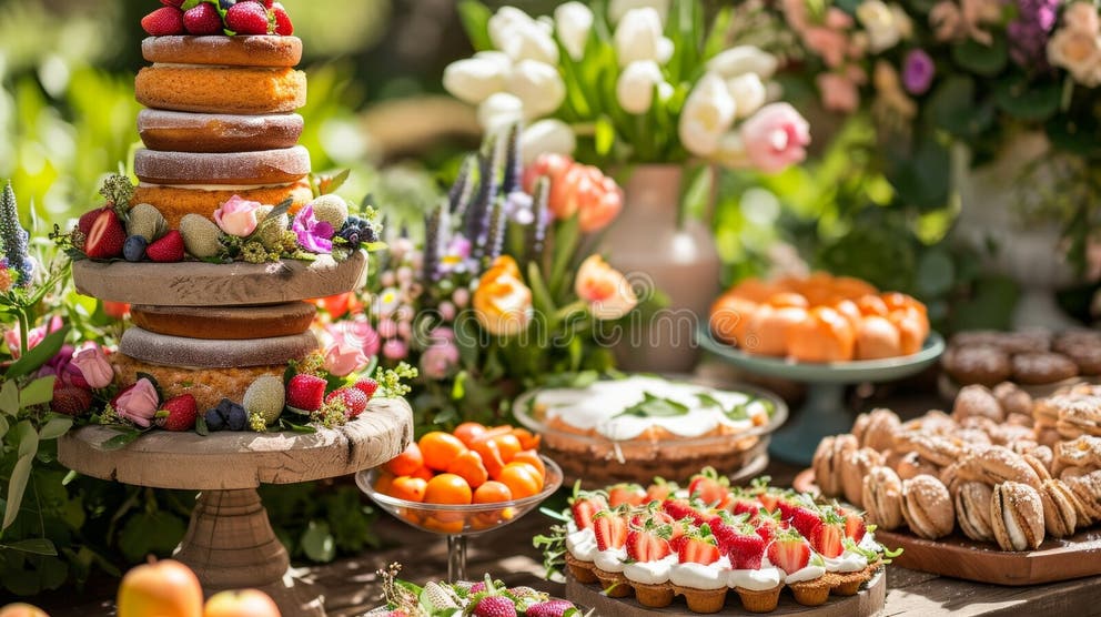 Rustic Easter Dessert Table with Carrot Cake and Fruit Tarts Stock ...