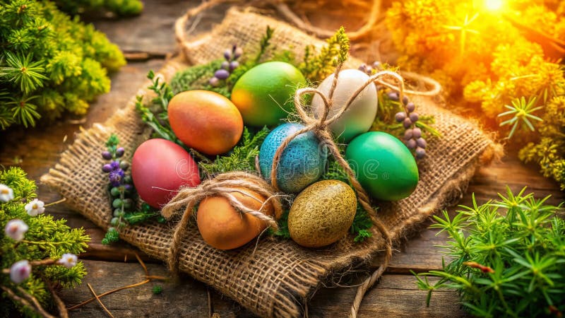 Rustic Easter Egg Display a DronesEye View of Burlap Twine and Springtime Decor Stock ...