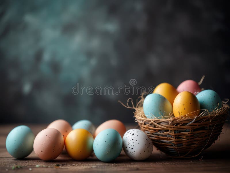 Rustic Easter Eggs in a Basket with Artistic Contrast Background Stock ...