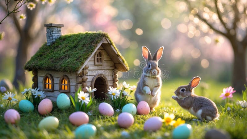 Rustic Easter Landscape Featuring Rabbits and Decorated Eggs Stock ...