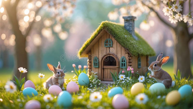 Rustic Easter Landscape Featuring Rabbits and Decorated Eggs Stock ...
