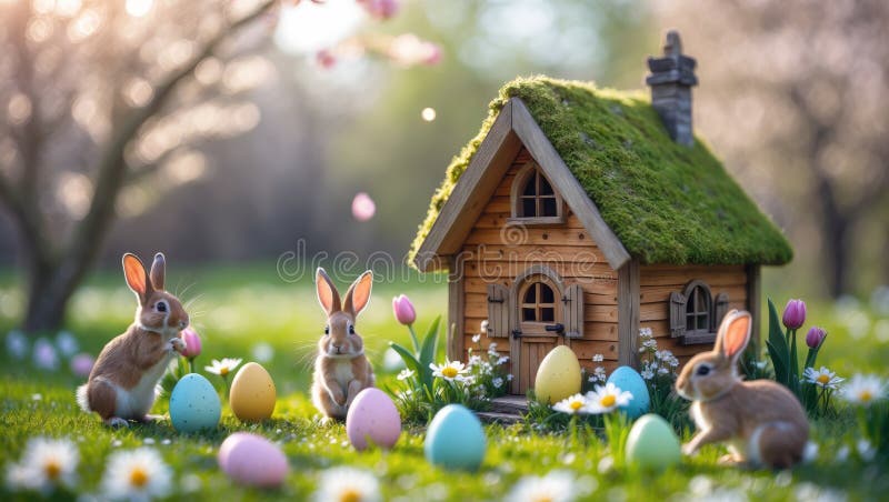 Rustic Easter Landscape Featuring Rabbits and Decorated Eggs Stock ...
