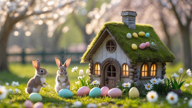Rustic Easter Landscape Featuring Rabbits and Decorated Eggs Stock ...