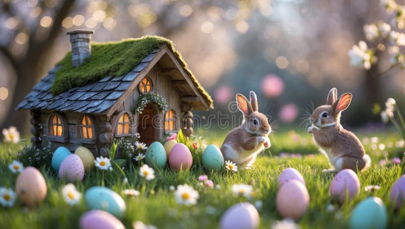Rustic Easter Landscape Featuring Rabbits and Decorated Eggs Stock ...