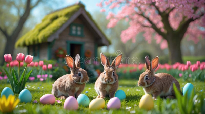 Rustic Easter Landscape Featuring Rabbits and Decorated Eggs Stock ...