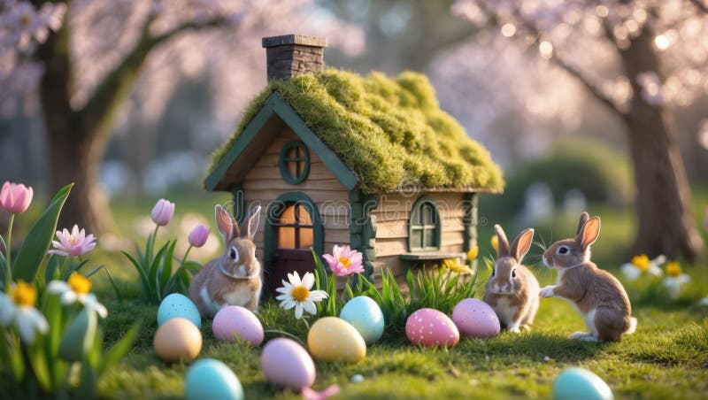 Rustic Easter Landscape Featuring Rabbits and Decorated Eggs Stock ...