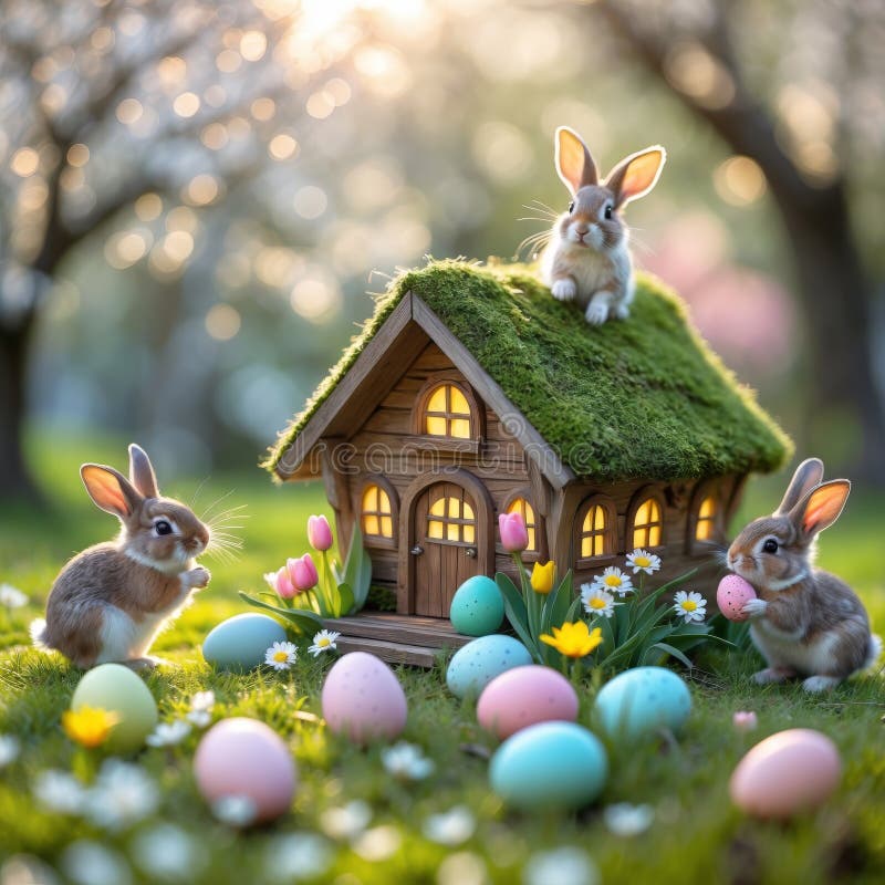 Rustic Easter Landscape Featuring Rabbits and Decorated Eggs Stock ...