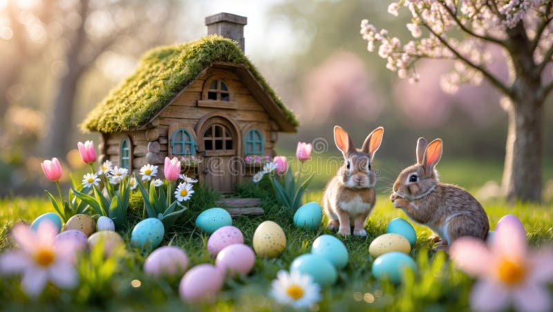 Rustic Easter Landscape Featuring Rabbits and Decorated Eggs Stock ...