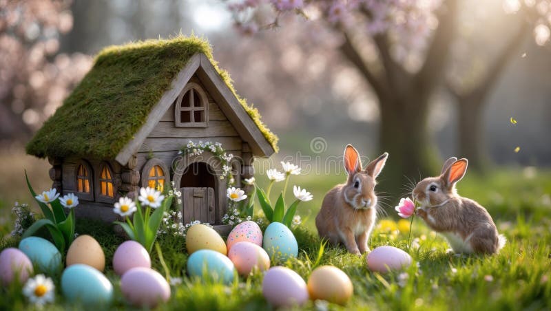 Rustic Easter Landscape Featuring Rabbits and Decorated Eggs Stock ...