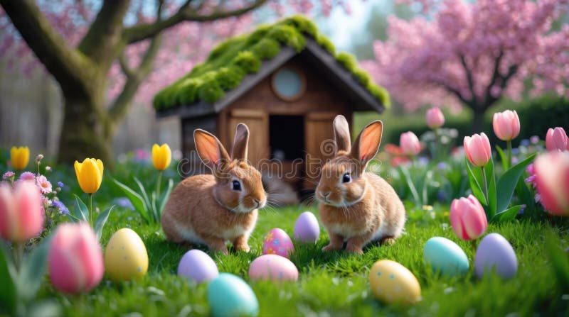 Rustic Easter Landscape Featuring Rabbits and Decorated Eggs Stock ...