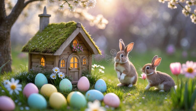 Rustic Easter Landscape Featuring Rabbits and Decorated Eggs Stock ...